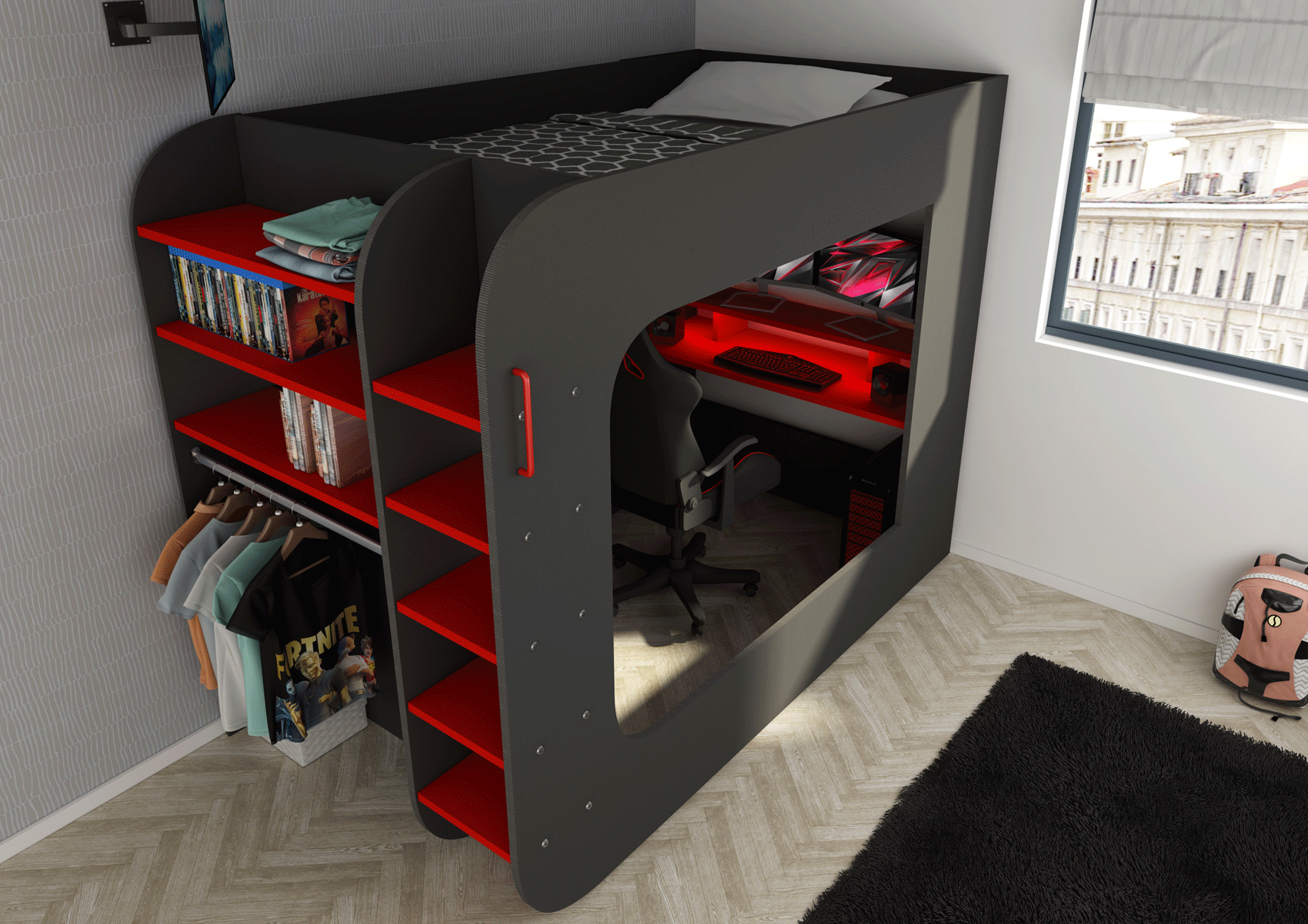 Gamer Bed Red & Black, Twin Size Kids Bedrooms, Bedroom Furniture